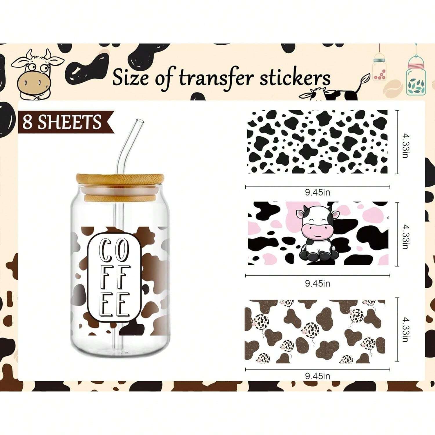 UV DTF Cup Wrap Transfer Stickers For Glass - 8 Sheets Coffee Cow Print ...