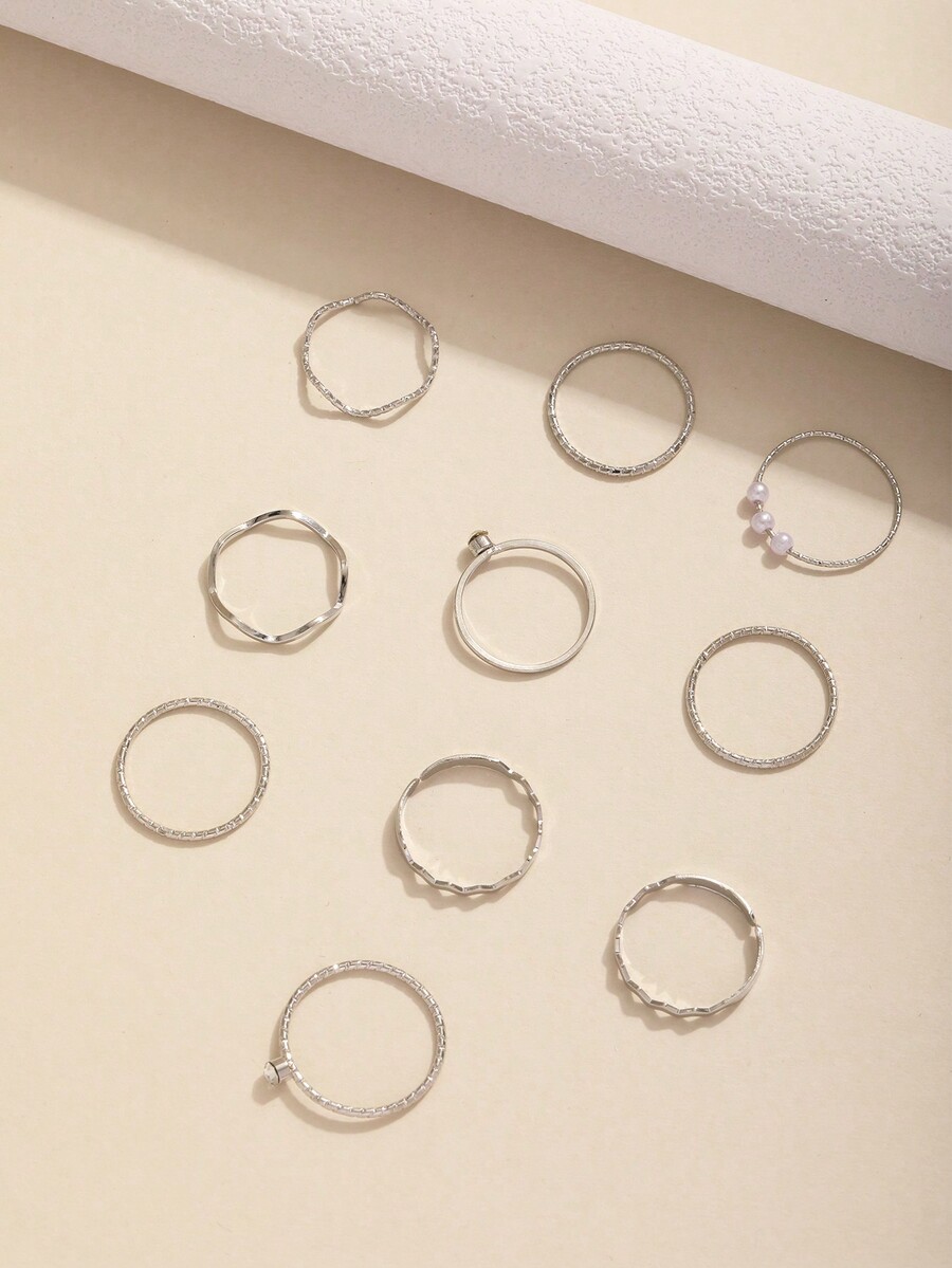 10pcs Geometric Design Silver-color Ring Set Decorated With Rhinestones ...