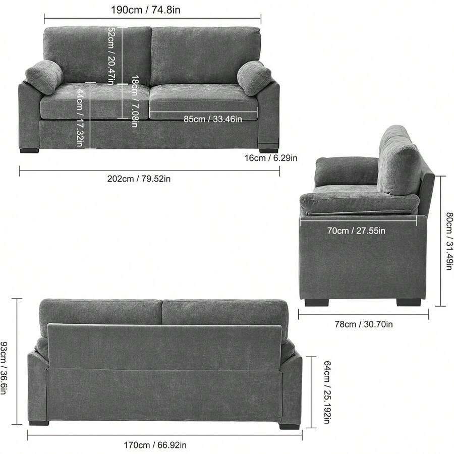 Modern 3-Seater 80 Inch Sofa - Comfy Couch For Living Room Or Apartment ...
