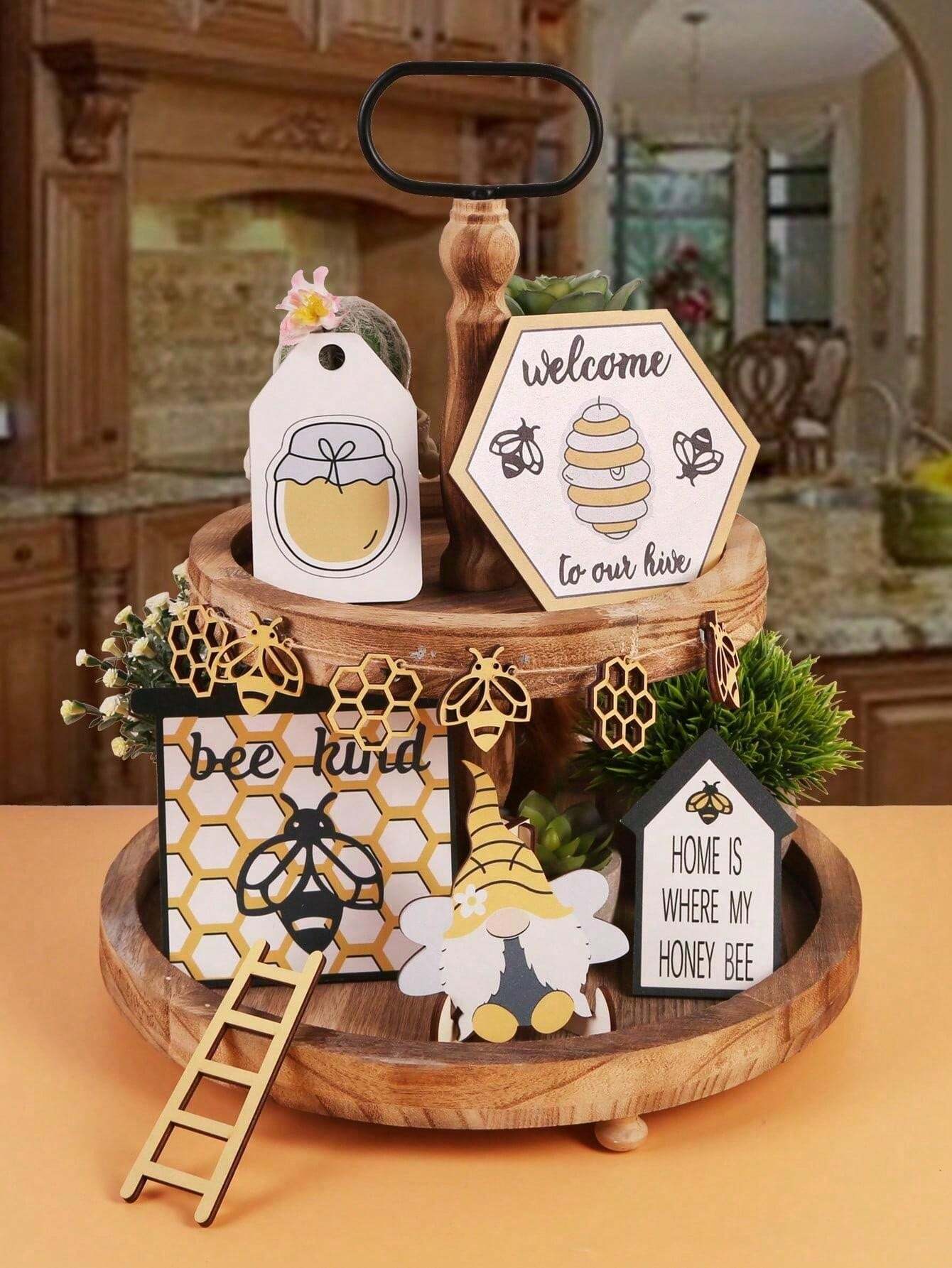 Beehive Design Creative Bee Hive Face Layered Tray Decor, Wooden Mini ...