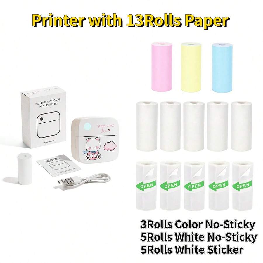 Mini Pocket Printer Sticker Label Printer With 13Rolls 57x25mm Thermal ...