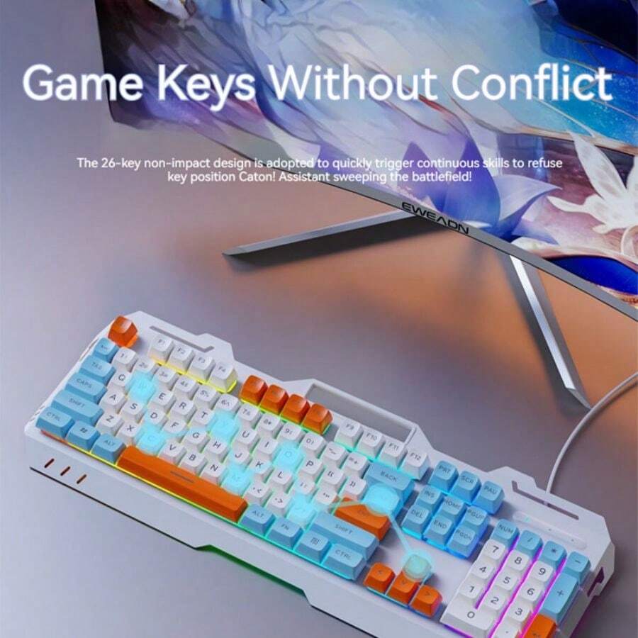 EWEADN GX90 Computer Gaming Membrane Keyboard 104 Keys White Backlit ...