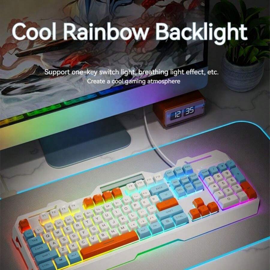 EWEADN GX90 Computer Gaming Membrane Keyboard 104 Keys White Backlit ...