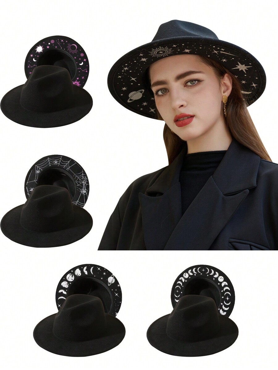 LEAJOURNO. 1pc Unisex Flat Top Hat With Cosmic Print Lining, Casual All ...
