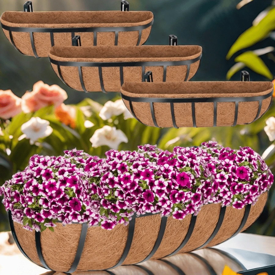 4-Piece Set Of 24-Inch Window Sill Railing Planters With Coconut Fiber ...