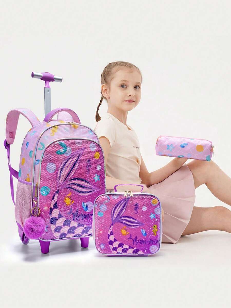 3Pcs Set Rolling Backpack For Girls Pink Cute Cartoon Mermaid Sequin ...