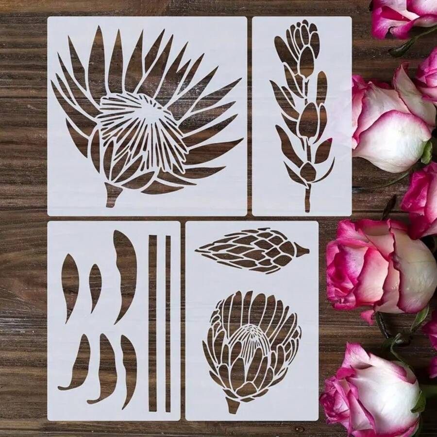 4pcs Large Flower Stencils Set - 4 Reusable Protea Flower And Leaf ...