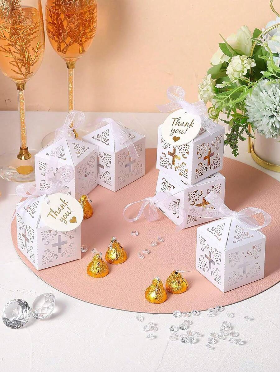 10 Sets White Hollow Gift Boxes (With Hang Tags And Ribbon) For Wedding ...