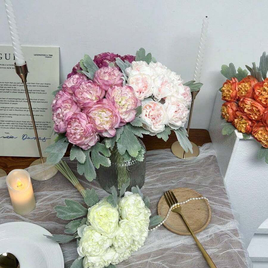 1 Bouquet Of 8 Peonies, Artificial Silk White Peony Bouquet, Perfect ...