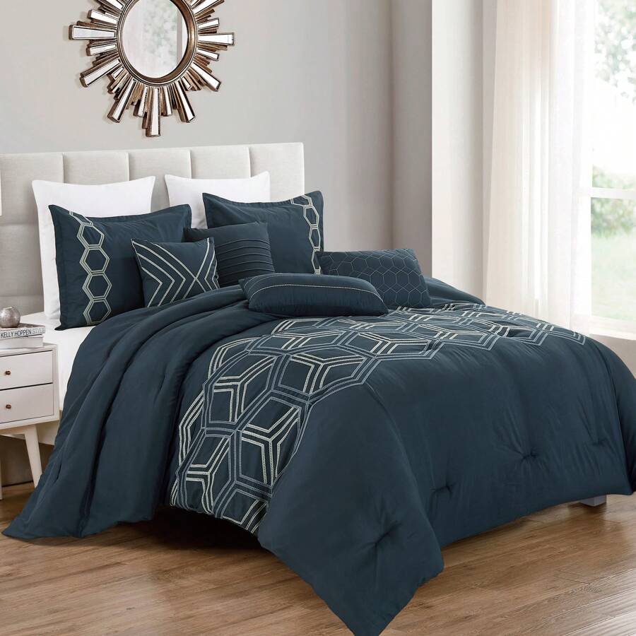 ESCA 7-Piece Idarah Blue Boho Embroidery Comforter Set - | SHEIN USA