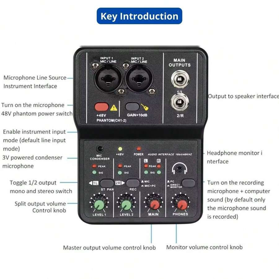 KAILYNIA Portable 2-Channel Professional Audio Interface Sound Card ...