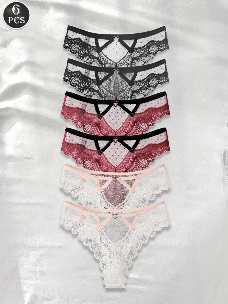 6 Pack Women Sexy Floral Lace Sheer Mesh Cut Out Panties Criss Cross ...