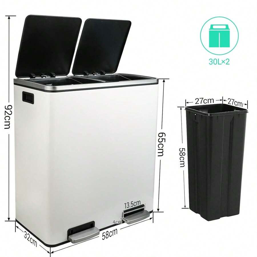 60L Rubbish Bin 2x30L Compartments, Kitchen Waste Separation System ...