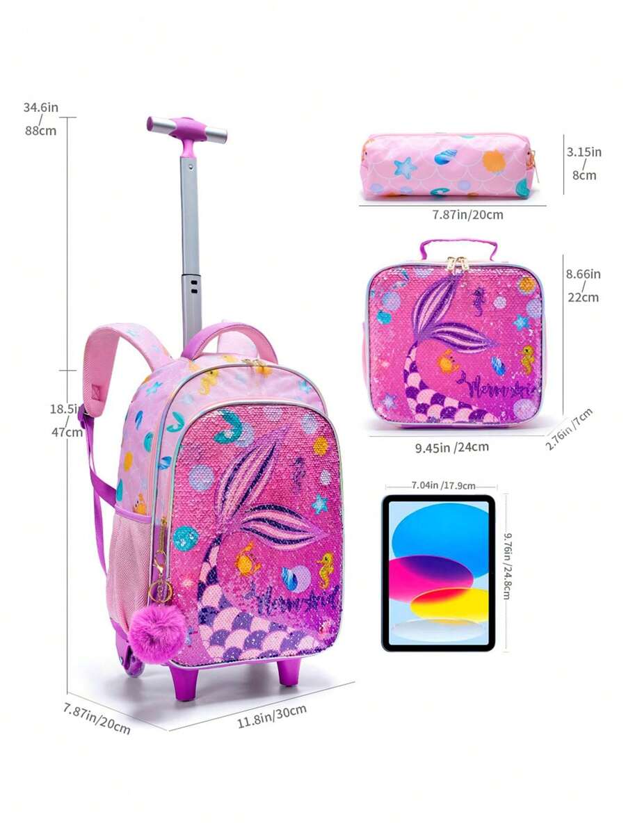 3Pcs Set Rolling Backpack For Girls Pink Cute Cartoon Mermaid Sequin ...