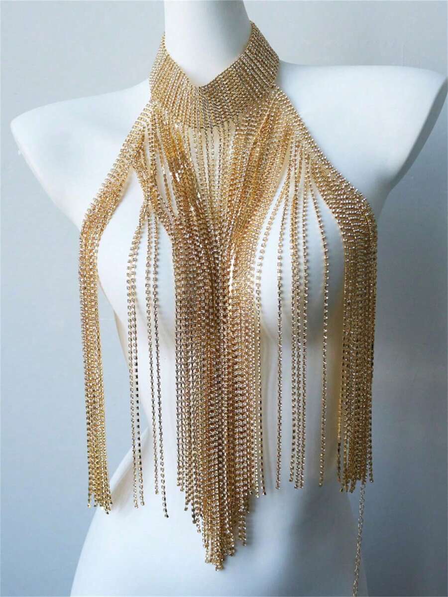 Luxury Long Tassel Rhinestone Bra Chain Necklace, Sexy Nightclub Body ...