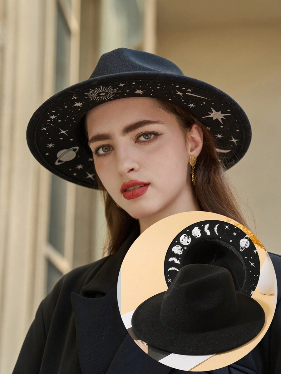 LEAJOURNO. 1pc Unisex Flat Top Hat With Cosmic Print Lining, Casual All ...