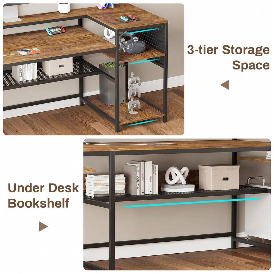 L Shaped Computer Desk, Corner Desk With Power Outlets And LED Strip ...