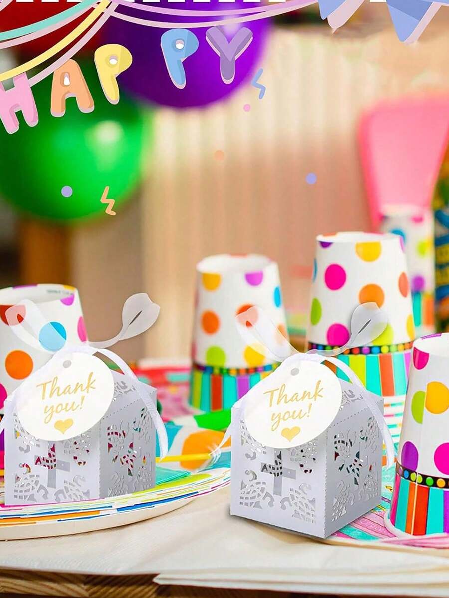 10 Sets White Hollow Gift Boxes (With Hang Tags And Ribbon) For Wedding ...