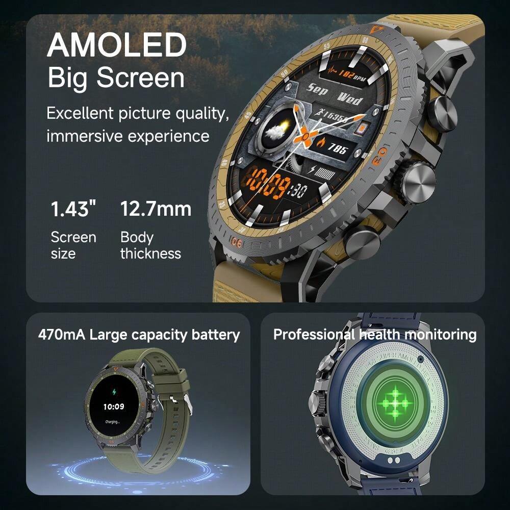 1,43 tum AMOLED Smart Watch med stor skärm, IP68 Vattentät Lång ...