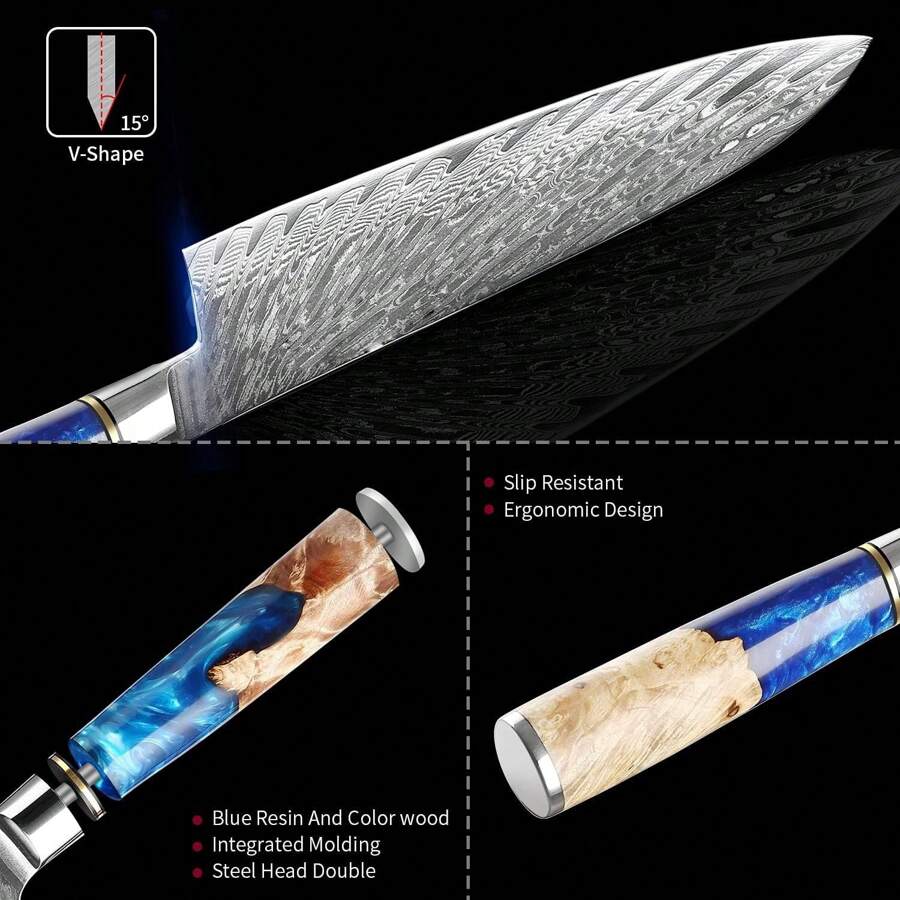 Blue Resin Damascus Steel Kitchen Knife, Non-Embroidered Steel Japanese ...