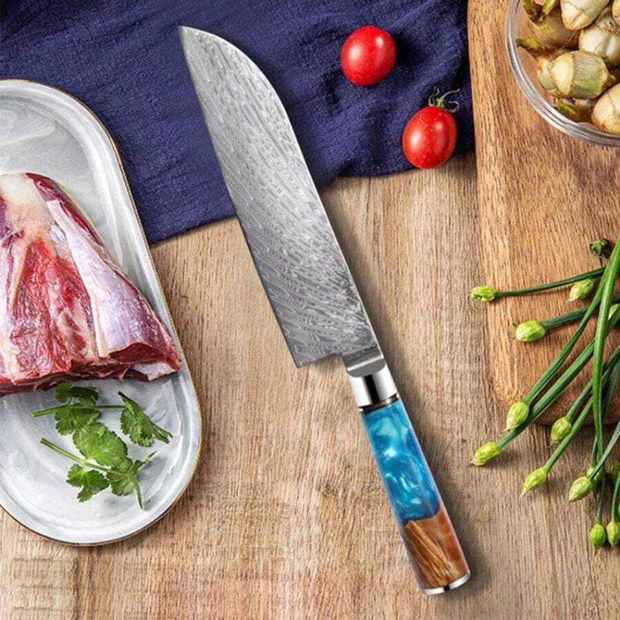 Blue Resin Damascus Steel Kitchen Knife, Non-Embroidered Steel Japanese ...