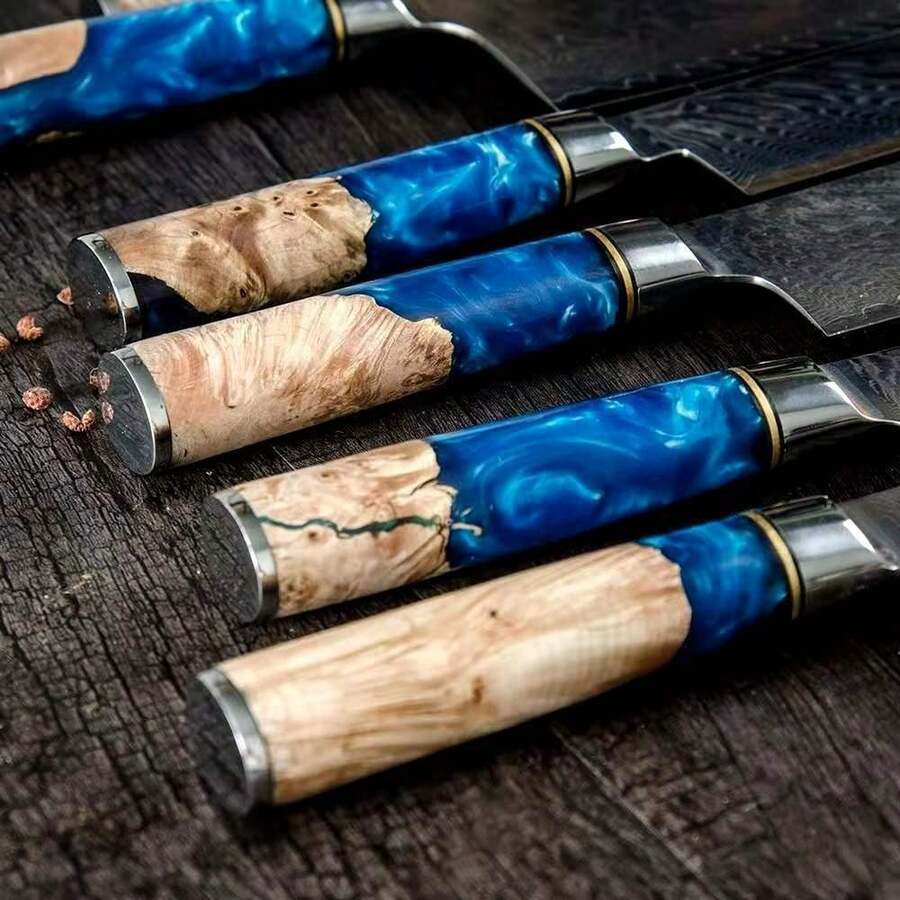 Blue Resin Damascus Steel Kitchen Knife, Non-Embroidered Steel Japanese ...