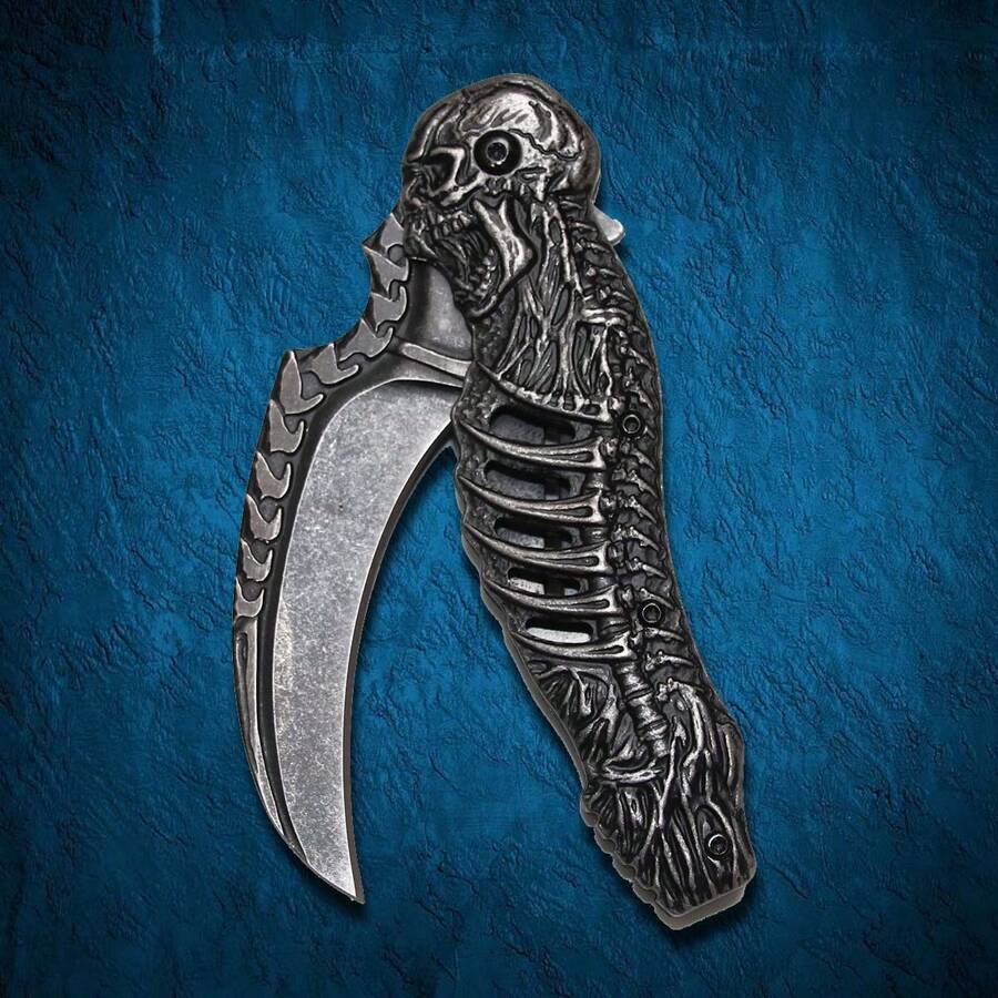 Survival Fold Knife Skull Punk Engraved Collection 3D Stonewash Folding ...