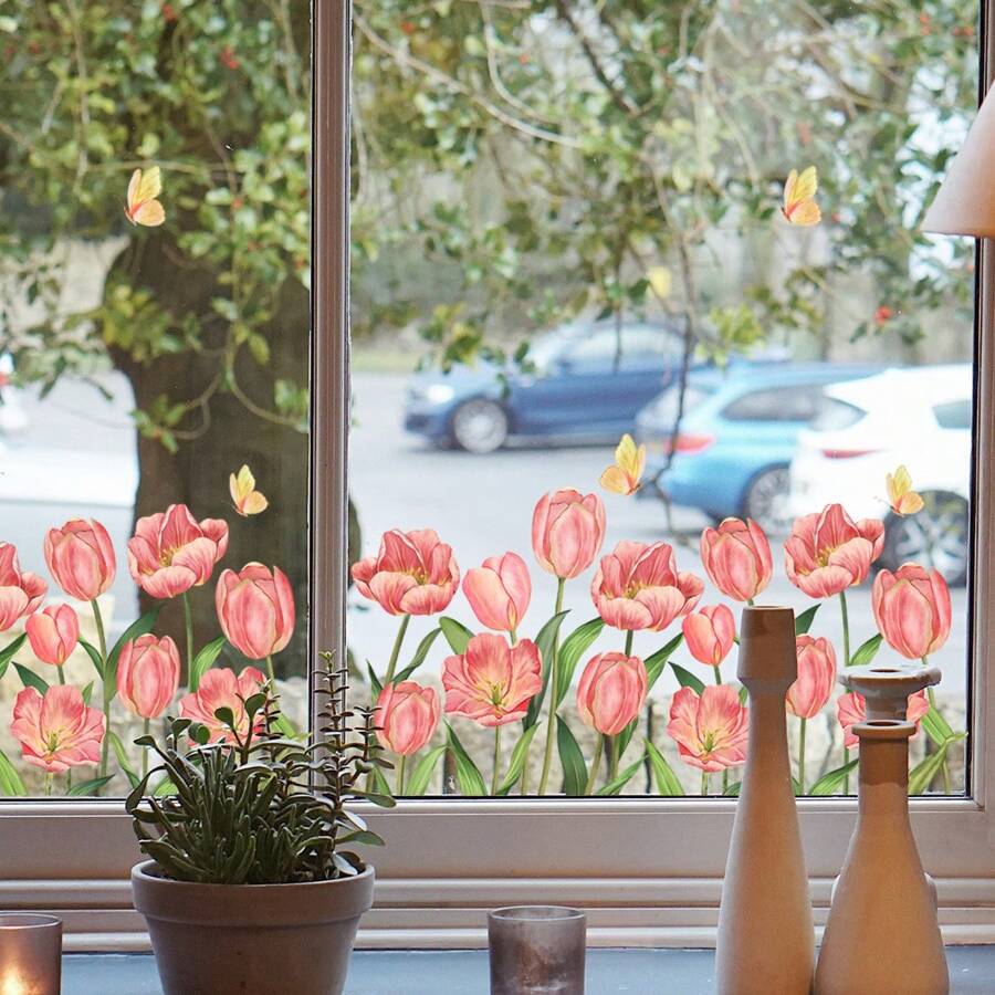 1 Set (2pcs) Flower Pink Tulip Window Stickers With Butterfly Double ...