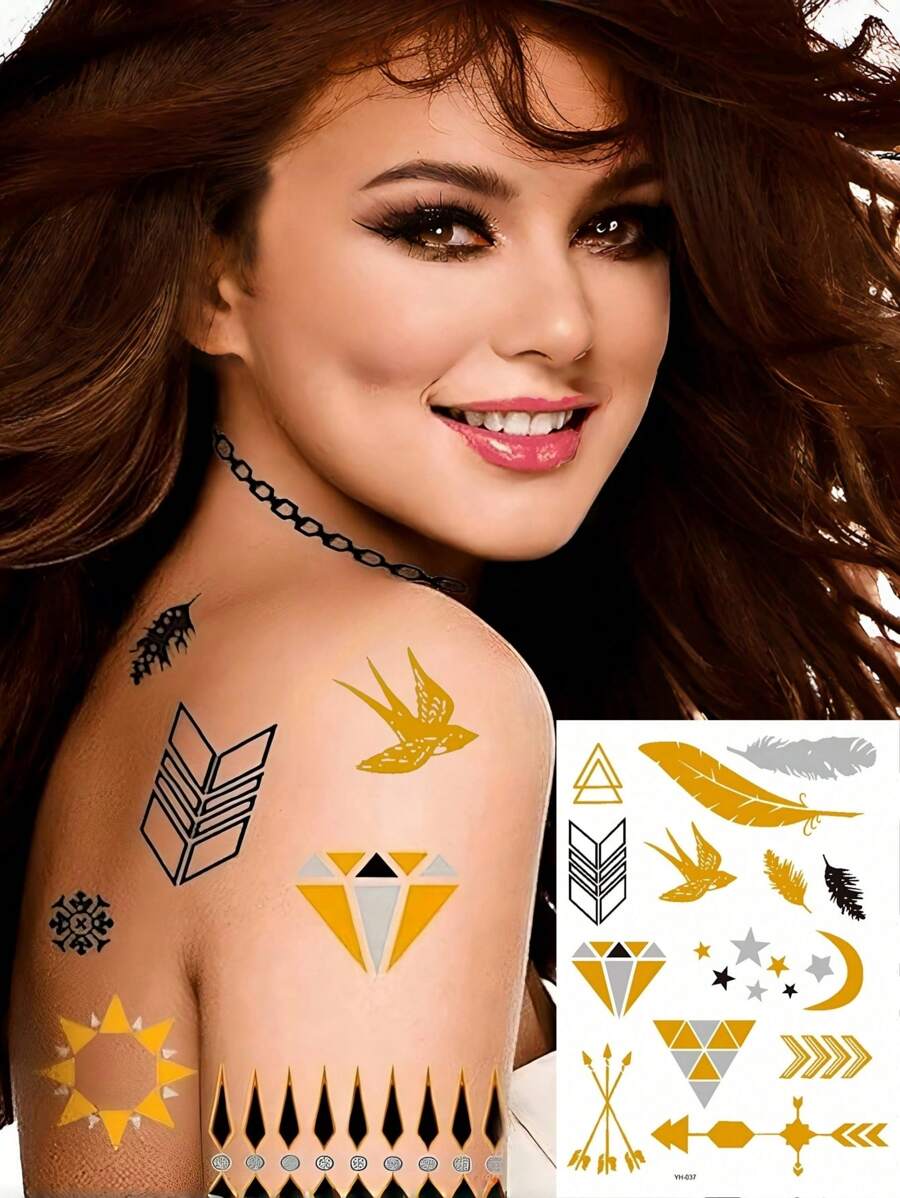 Glitter Flash Waterproof Metallic Temporary Tattoos 3 Sheets Gold ...