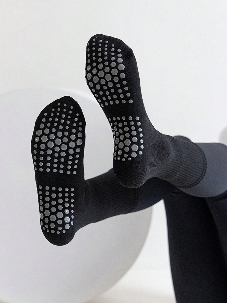 1pair Women's Solid Color Mid-Calf Yoga Socks With Silicone Anti-Slip ...