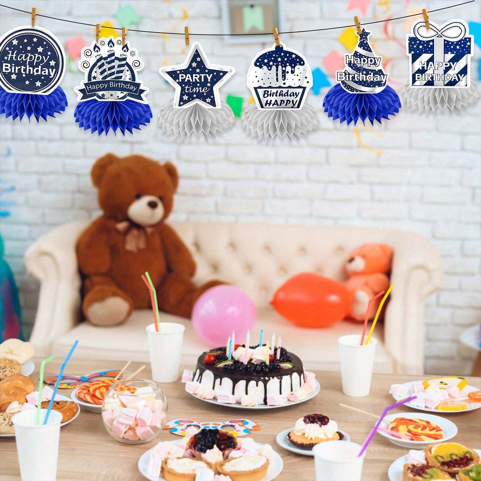 9pcs, Blue And Silvery Theme Happy Birthday Party Decorations Birthday ...