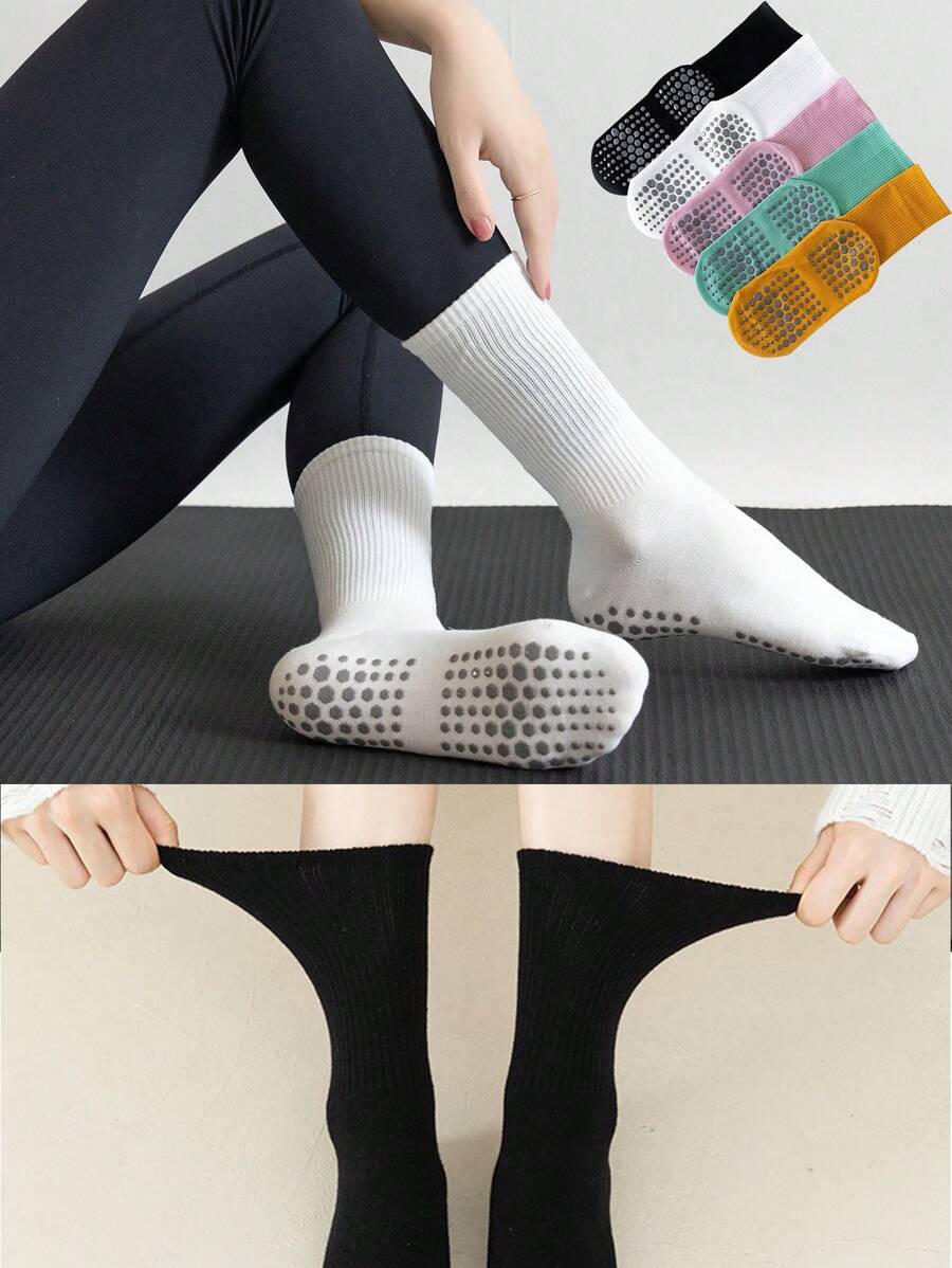 1pair Women's Solid Color Mid-Calf Yoga Socks With Silicone Anti-Slip ...