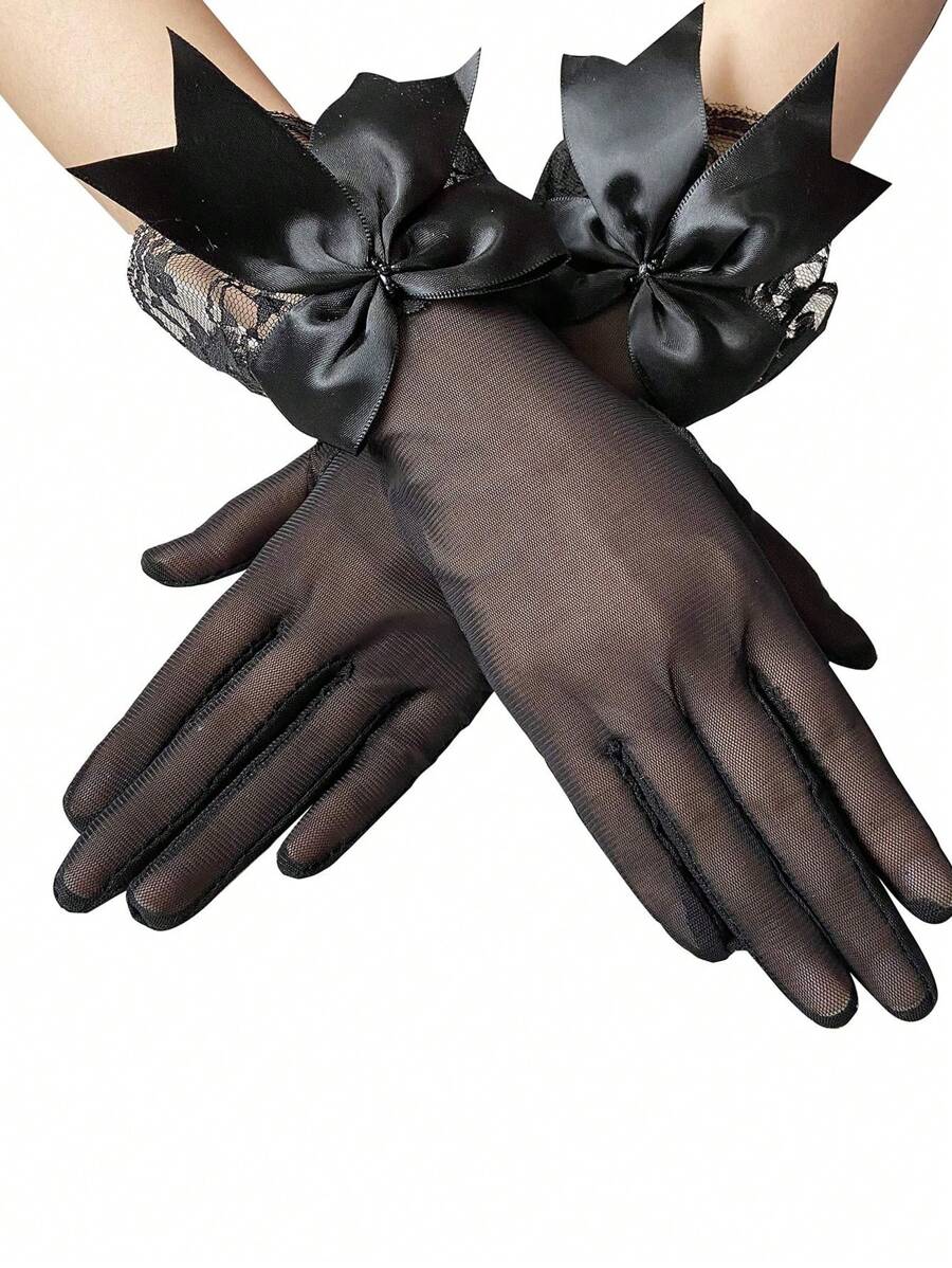1pair Summer Party Mesh Gloves For Cheongsam Dress, Lace Edged & Bowknot Decor Short Gloves ...