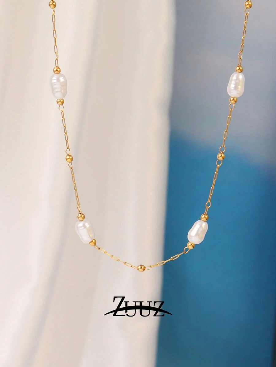1pc Stainless Steel Bead Pearl Necklace For Women Chain Choker ...