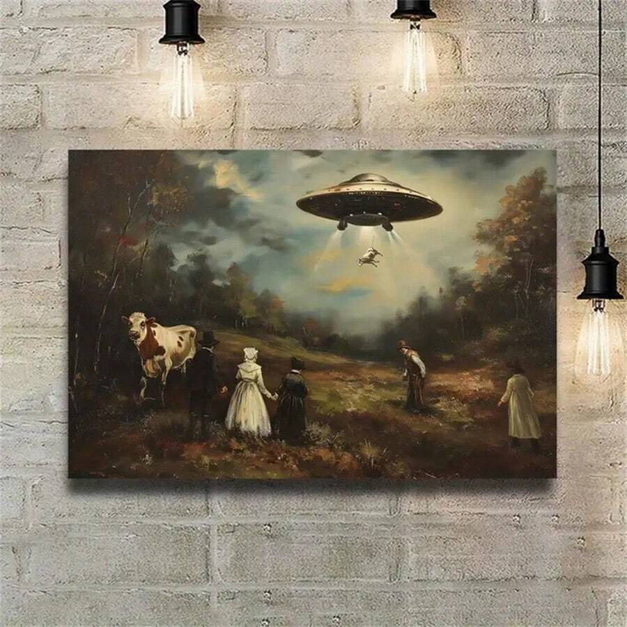 1pc 'Quirky' UFO And Victorian Scenery Oil Painting Art Print Wall ...