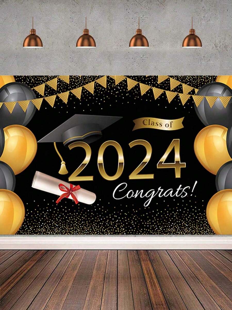 2024 Graduation Party Decoration Backdrop, Black And Gold Congrats Grad ...