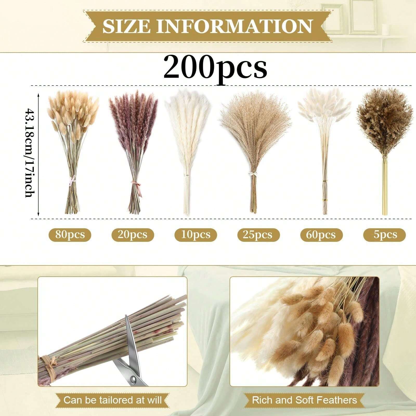 200 Pcs Dried Pampas Grass 17 Inch Pompous Grass Long-Lasting Dried ...