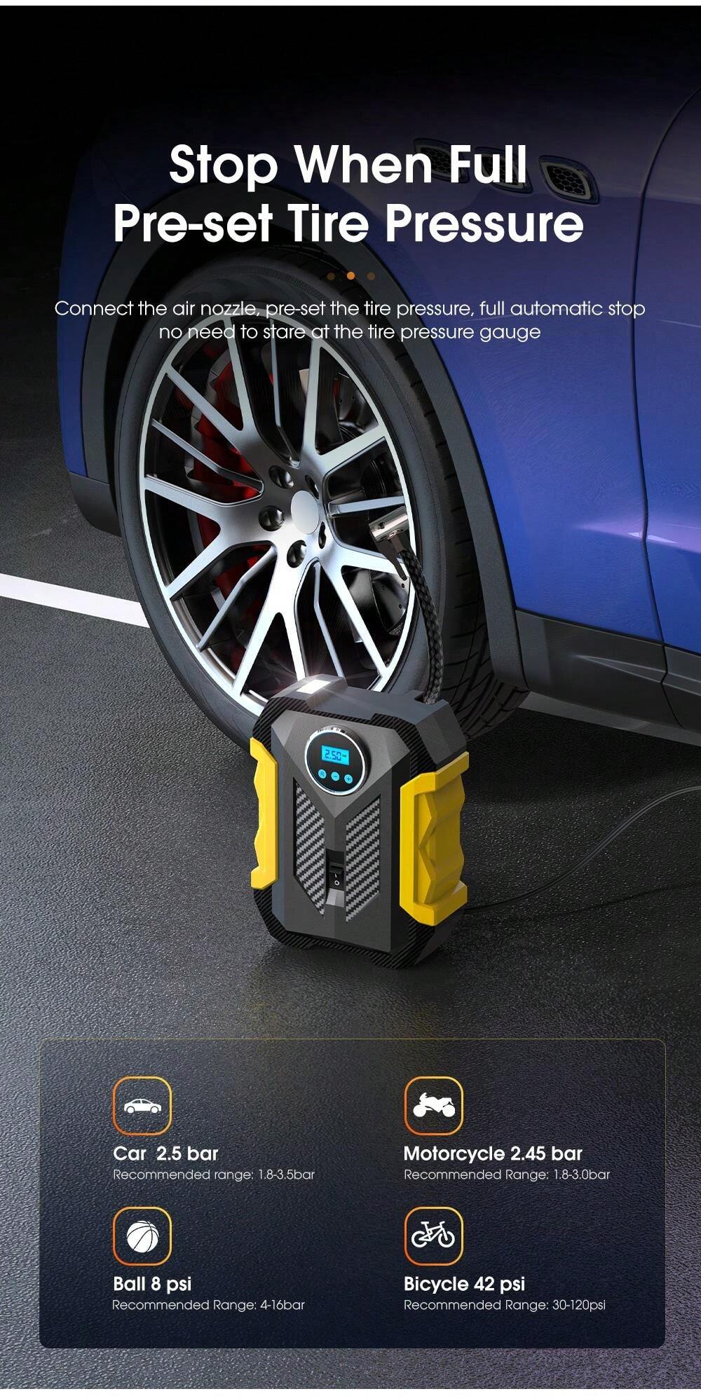 Car Tire Inflator Portable Air Pump 12V 150PSI Digital Air Compressor ...