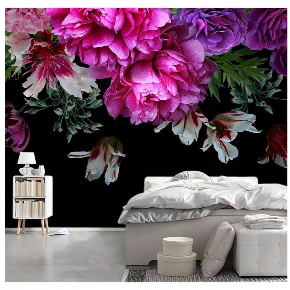 Purple Peony Floral Wallpaper Tropical Botanical Leaf Rose Flower Wall ...