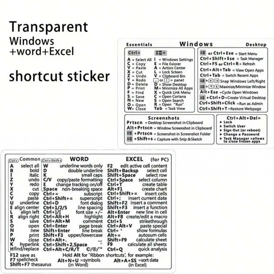 Small Clear Quick Reference Guide Keyboard Shortcuts Sticker For ...