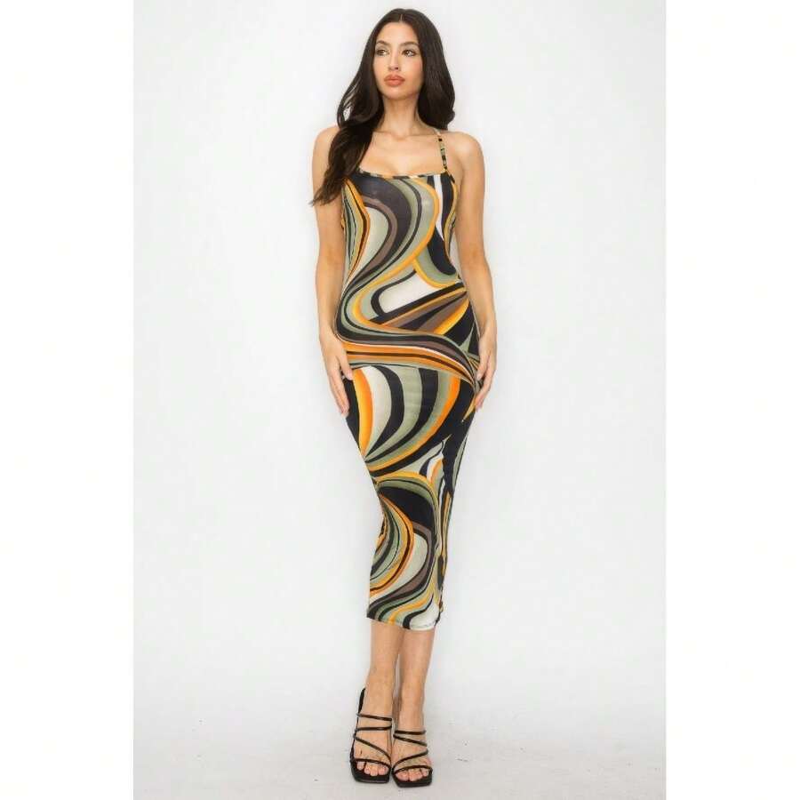 Crossed Back Marble Print Multicolor Midi Dress | SHEIN USA