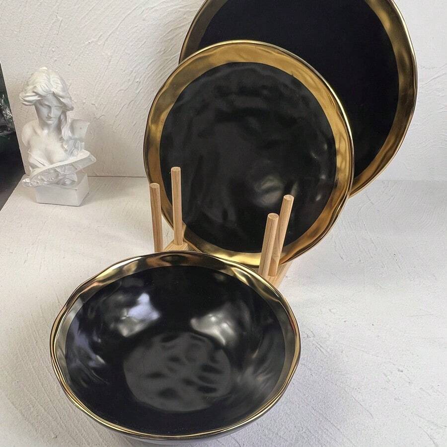 1pc Black Ceramic Dinner Plate With High-End Black & Gold Rim For Steak ...