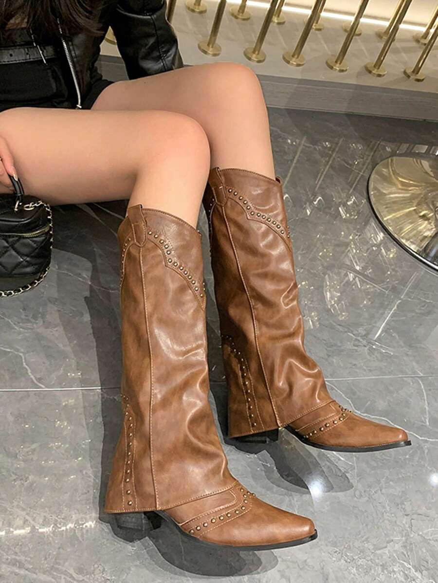 Retro Rivet High-Cut Bootcut French Style Women's Boots, Versatile ...