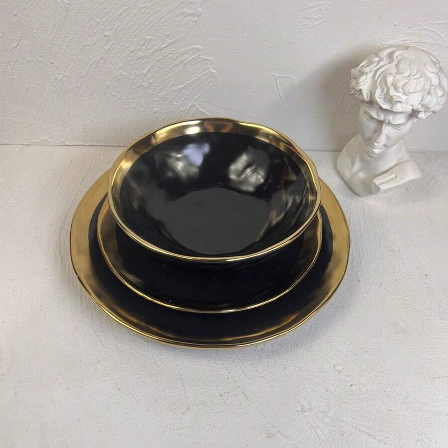 1pc Black Ceramic Dinner Plate With High-End Black & Gold Rim For Steak ...