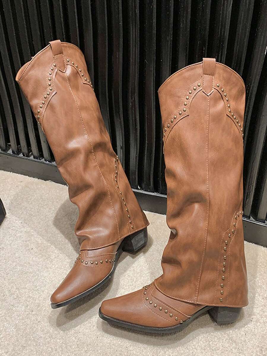 Retro Rivet High-Cut Bootcut French Style Women's Boots, Versatile ...