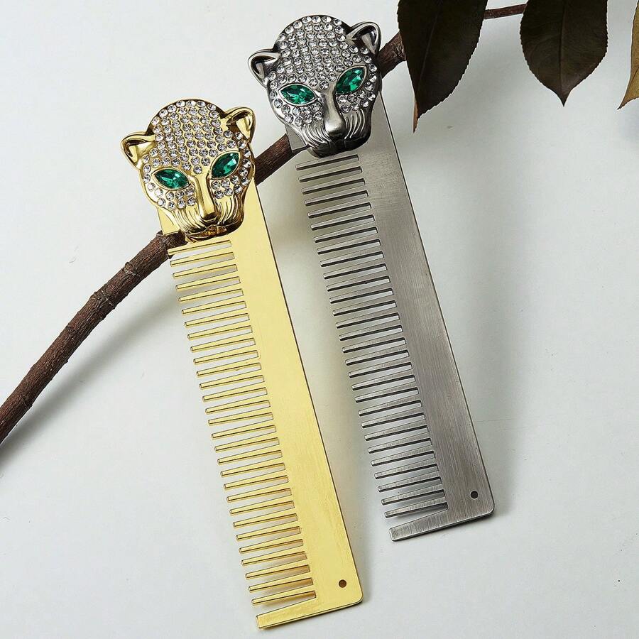 1 Pc Men's Leopard Head Metal Beard Comb Luxurious Emerald Diamond ...