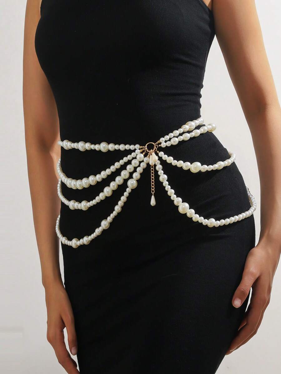 1pc New Handmade Pearl Beaded Multi-Layer Waist Chain For Women ...