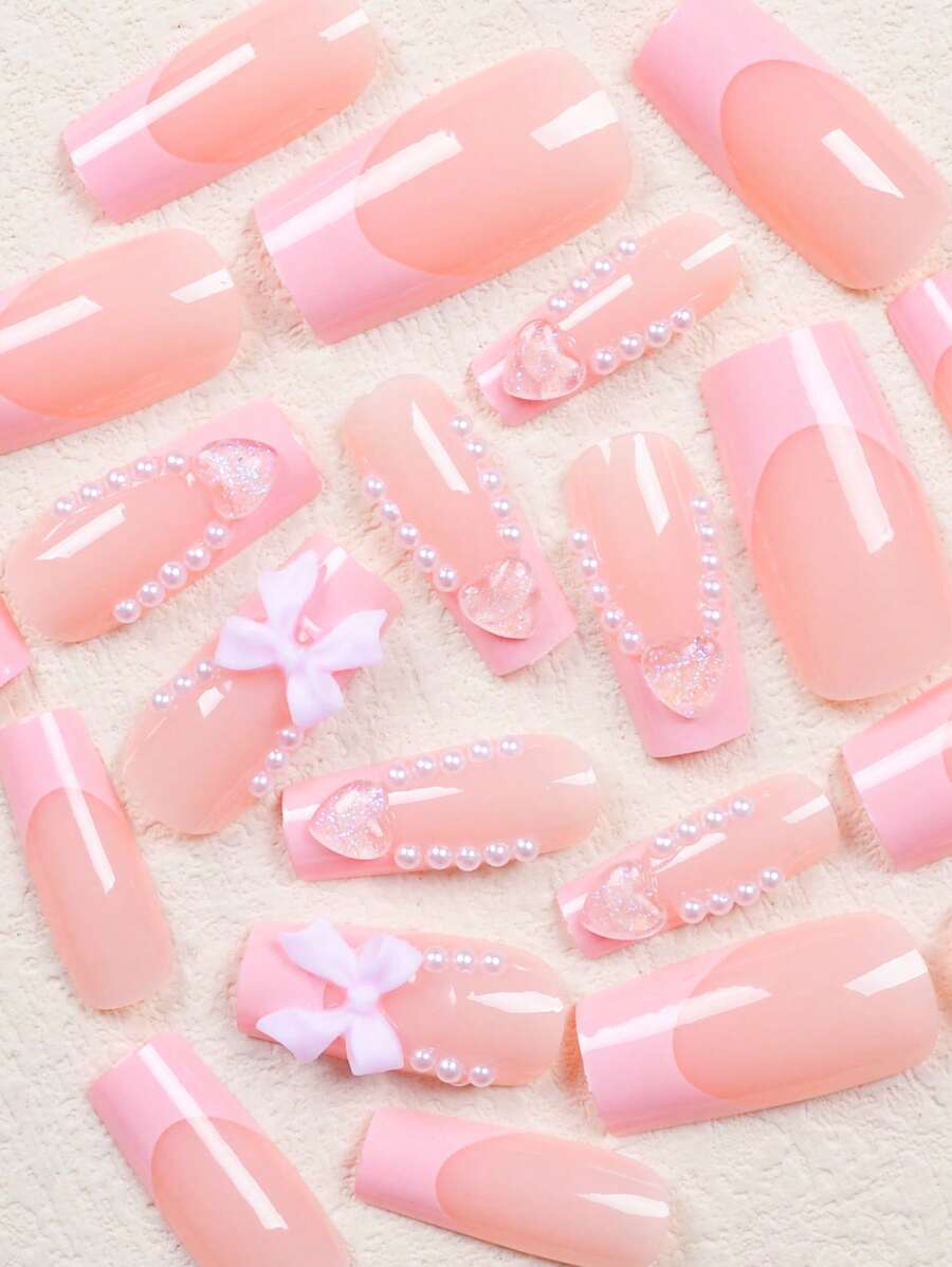24PCS Long Square Nail Fake Nails Cute Style Pink French Three ...