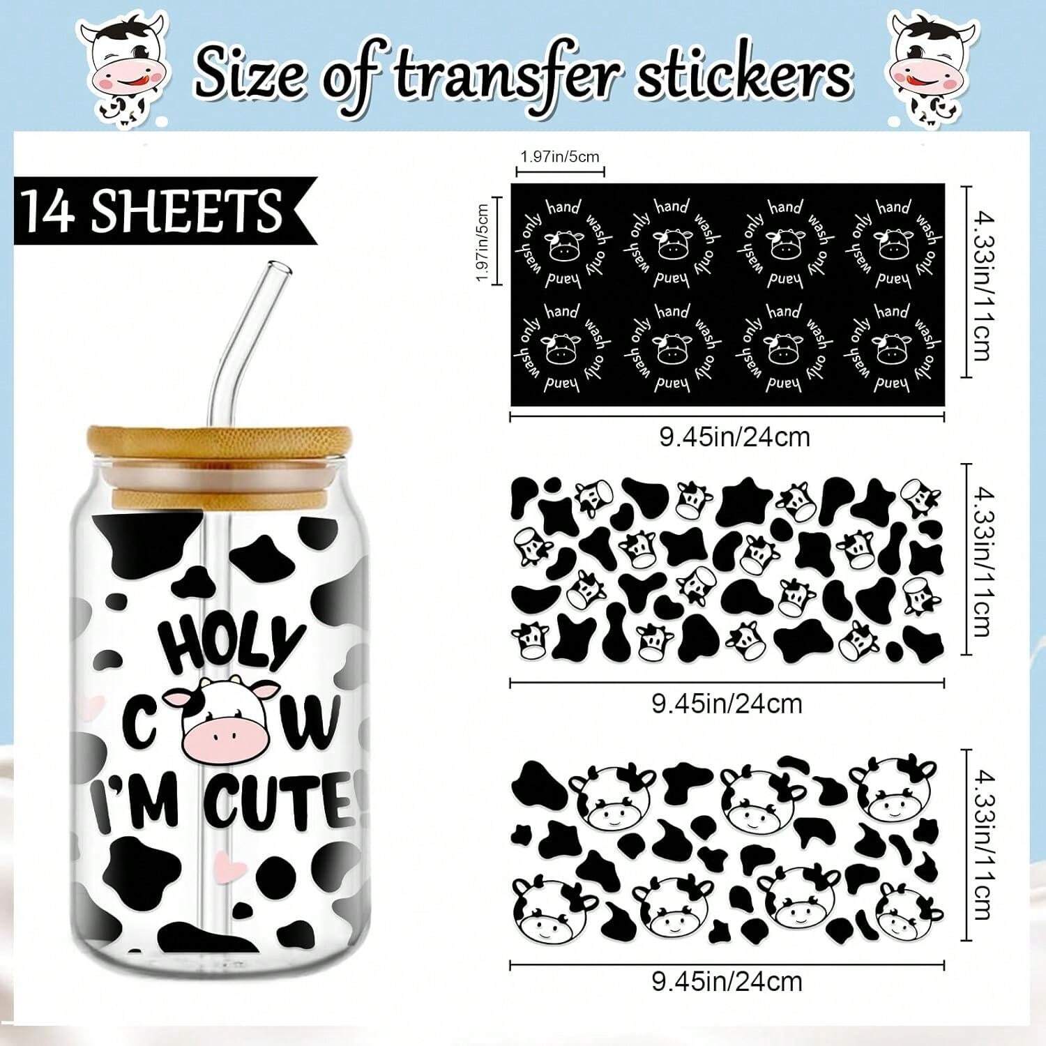 14 Pc Farm Cow UV DTF Cup Wraps For 16 Oz Glass Cups Cow Print Uvdtf ...