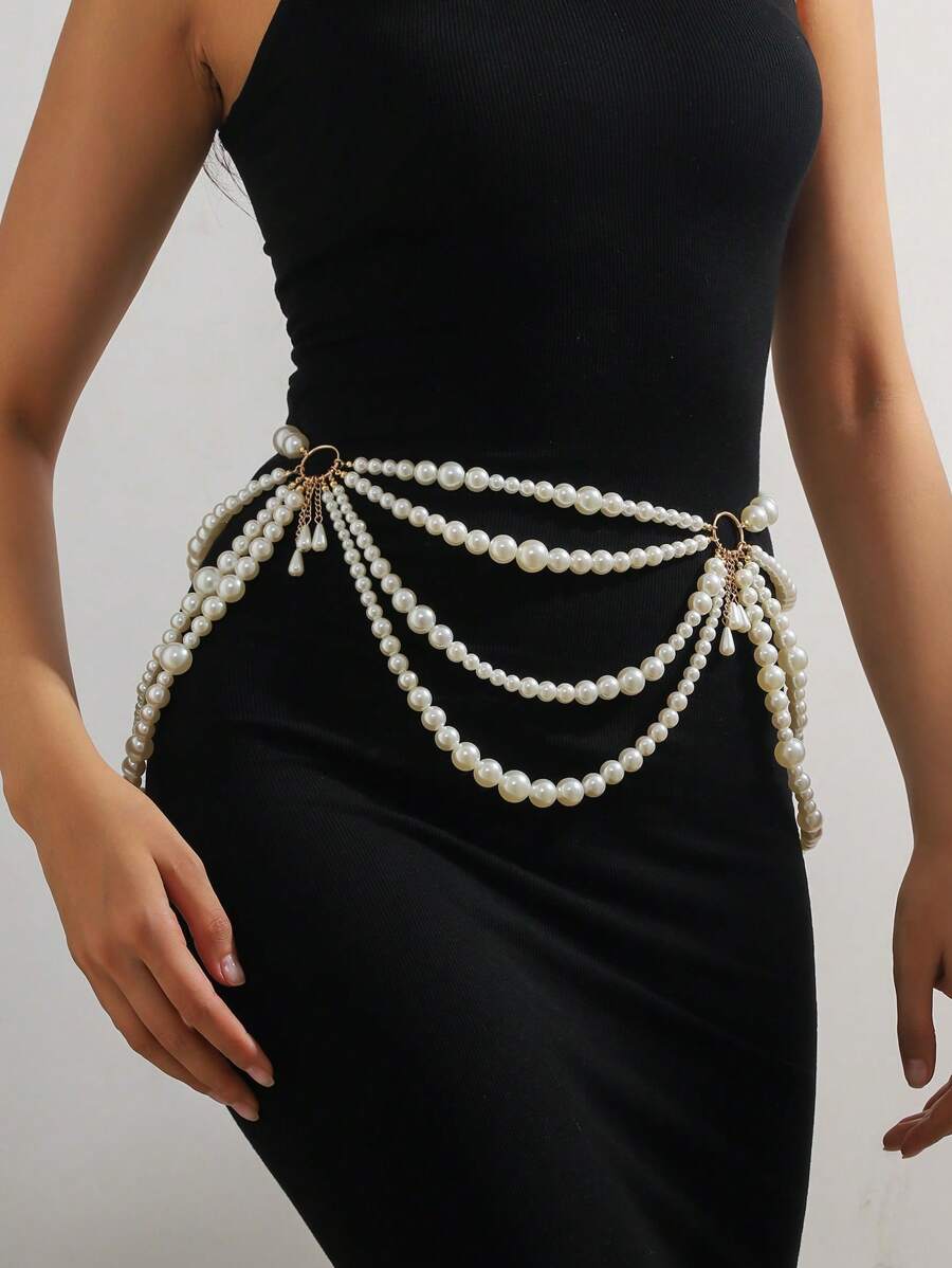 1pc New Handmade Pearl Beaded Multi-Layer Waist Chain For Women ...